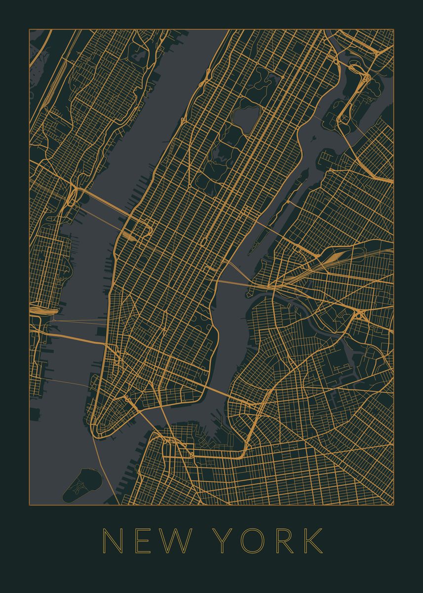 'New York Gray Orange Map' Poster, picture, metal print, paint by ...