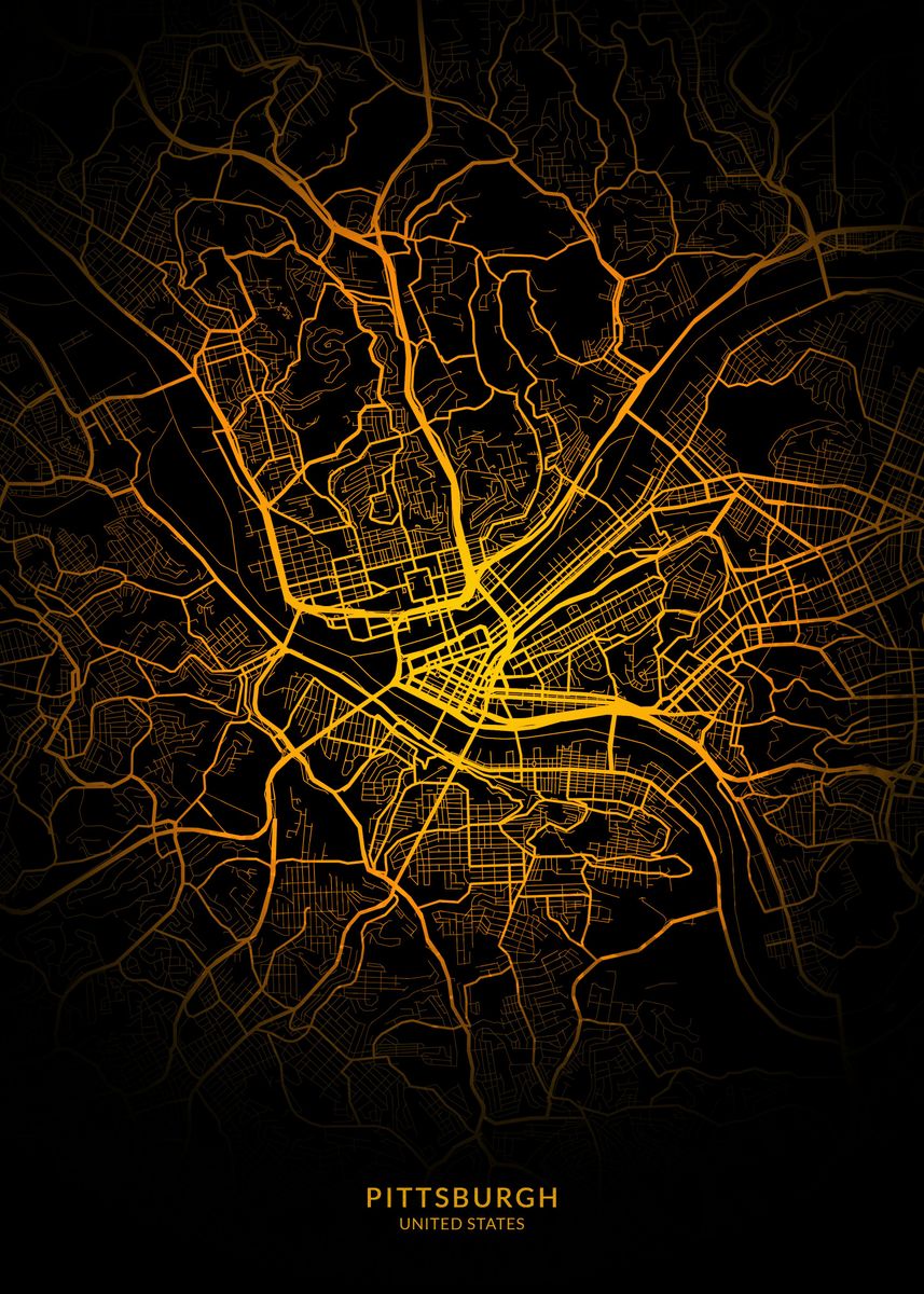 'Pittsburgh City Map Gold' Poster, picture, metal print, paint by ...