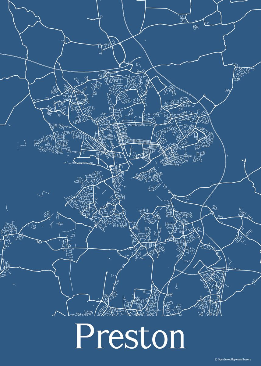 'Preston UK Blue Map' Poster, picture, metal print, paint by Mappingz ...