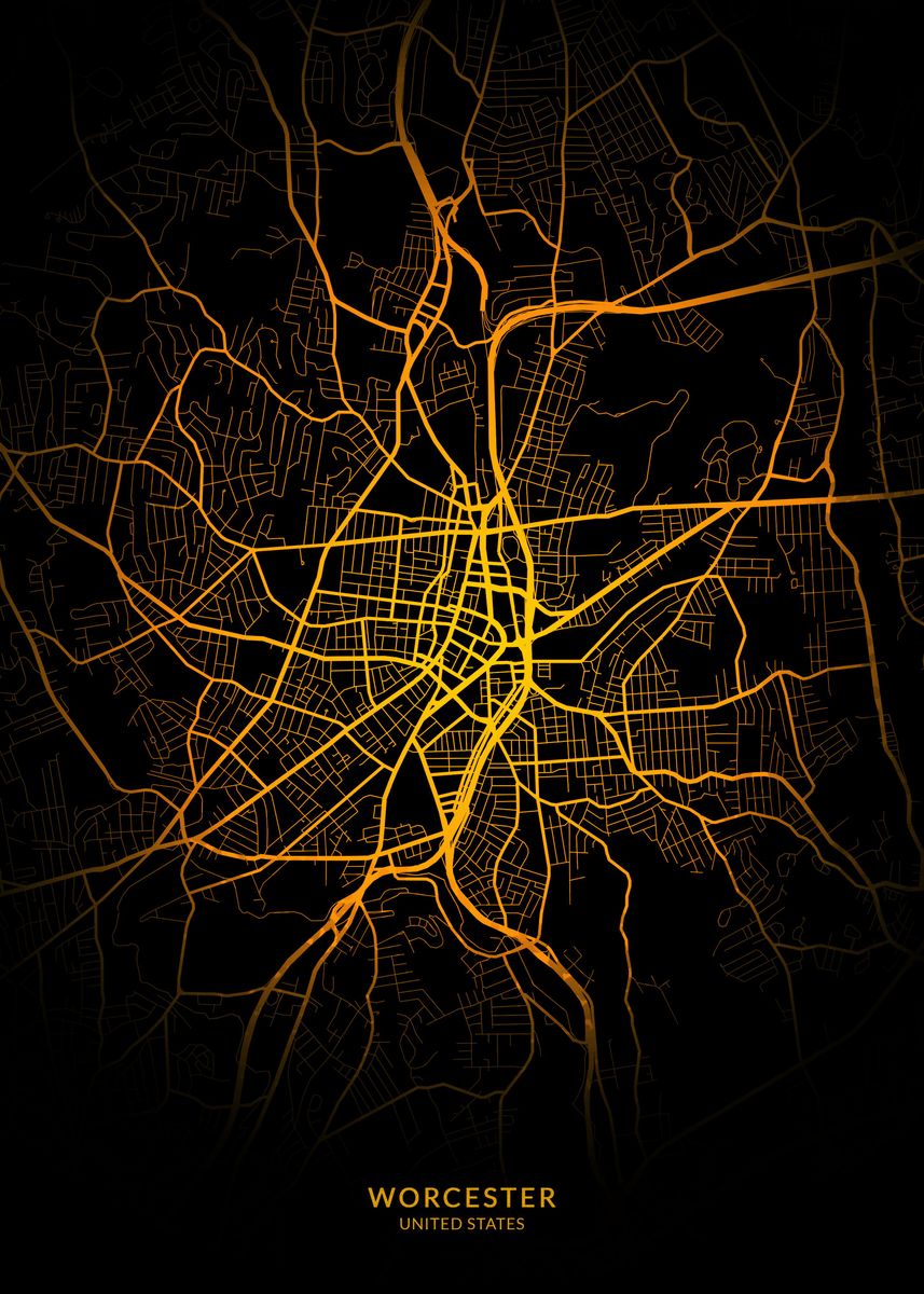'Worcester City Map Gold' Poster, picture, metal print, paint by Trulaf ...