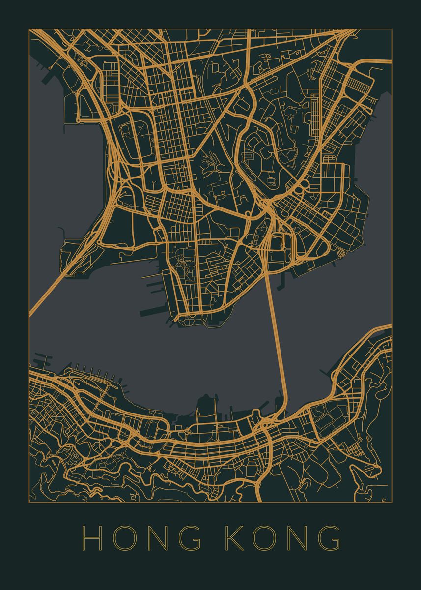 'Hong Kong Gray Orange Map' Poster, picture, metal print, paint by ...