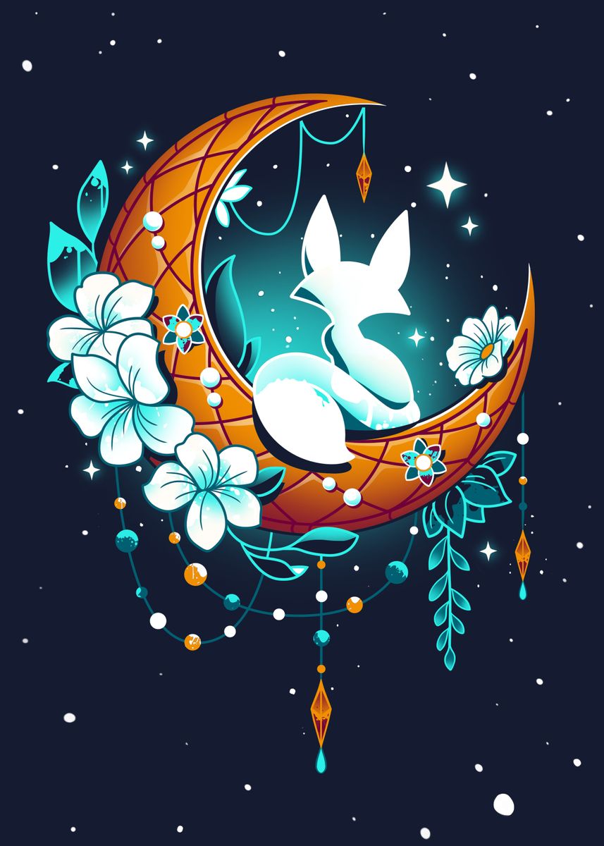 'Moonlight Fox' Poster, picture, metal print, paint by Snouleaf | Displate