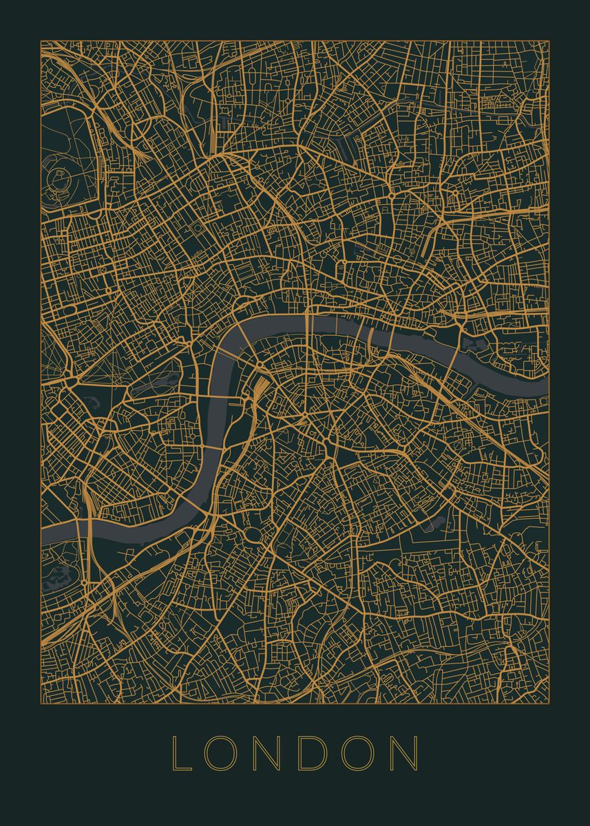 'London Gray Orange Map' Poster, picture, metal print, paint by ...