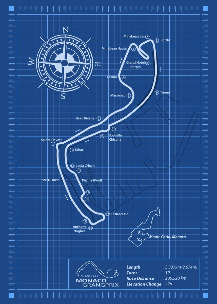 'GP Monaco blueprint' Poster, picture, metal print, paint by Iwayan ...