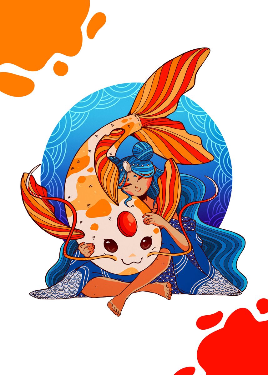 'KOI GIRL' Poster, picture, metal print, paint by Sofía Mengoni | Displate