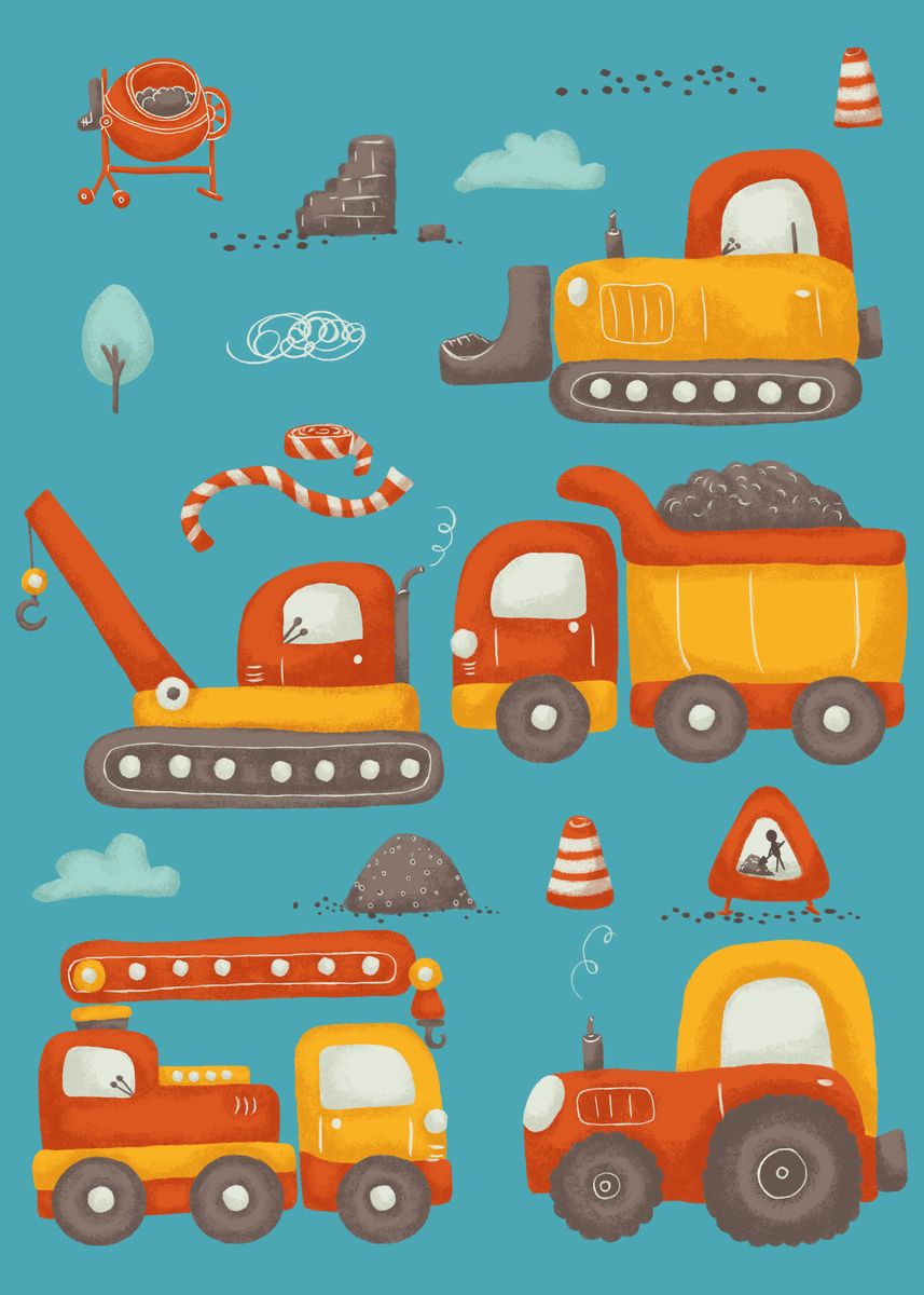 'Construction cars' Poster, picture, metal print, paint by Julie ...