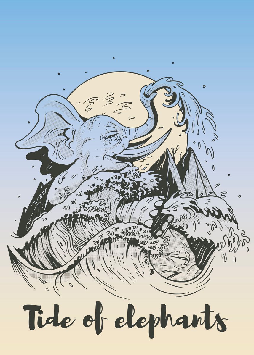 'Japanese elephant wave' Poster, picture, metal print, paint by Simon ...