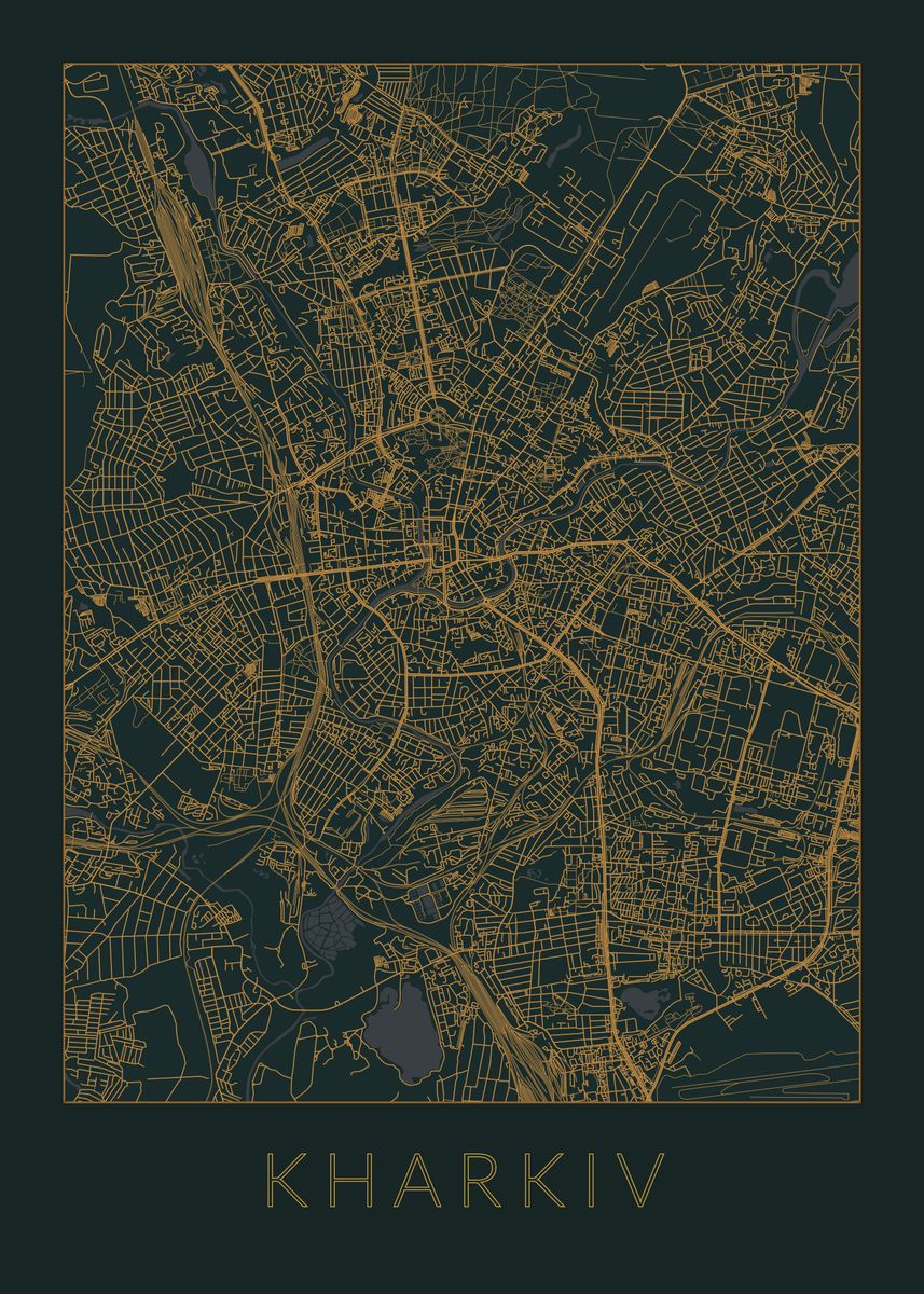 'Kharkiv Gray Orange Map' Poster, picture, metal print, paint by ...