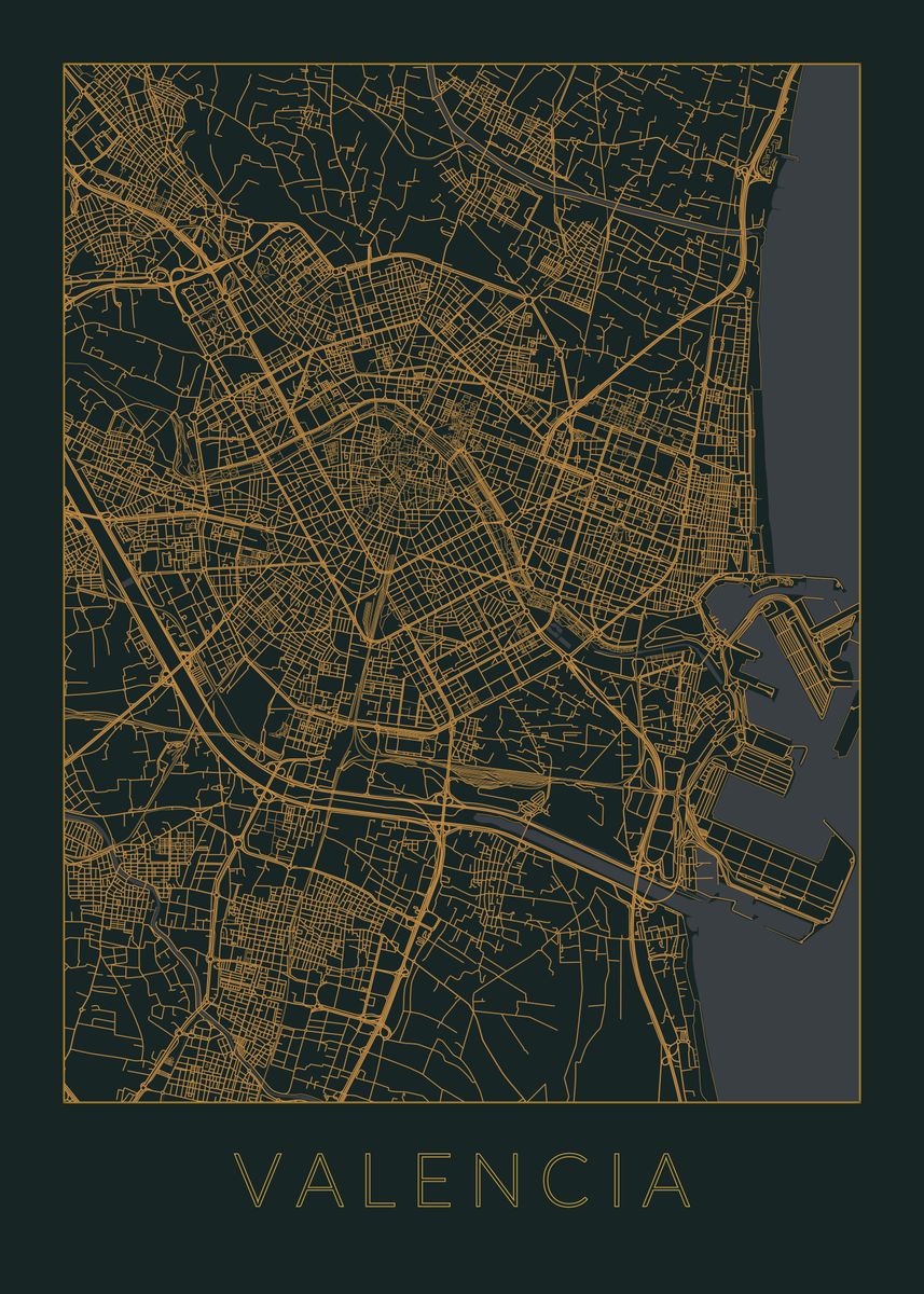 'Valencia Gray Orange Map' Poster, picture, metal print, paint by ...