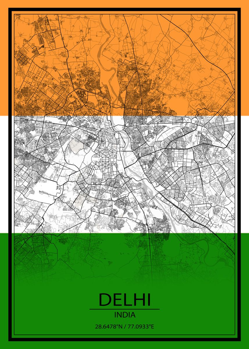 'Delhi Flag Color City Map' Poster by Wall Art Physical | Displate