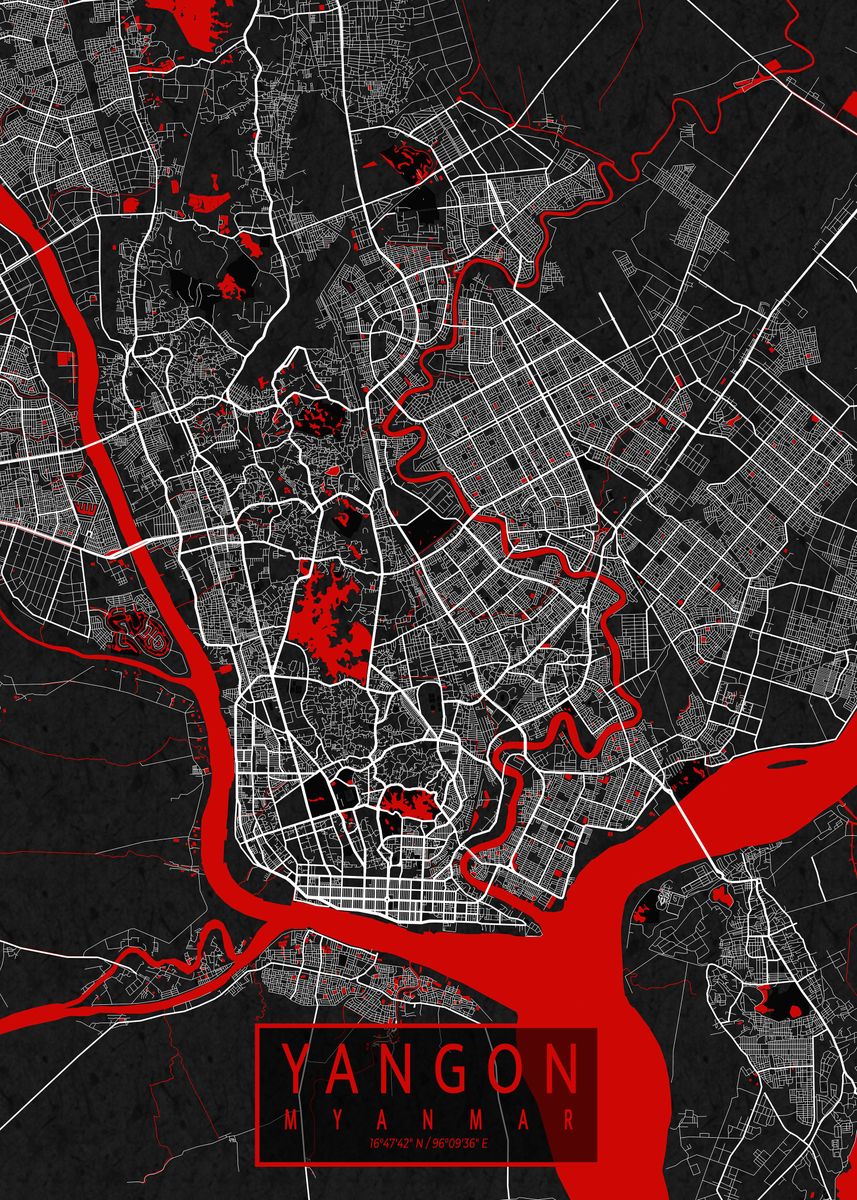 'Yangon City Map Oriental' Poster, picture, metal print, paint by deMAP ...