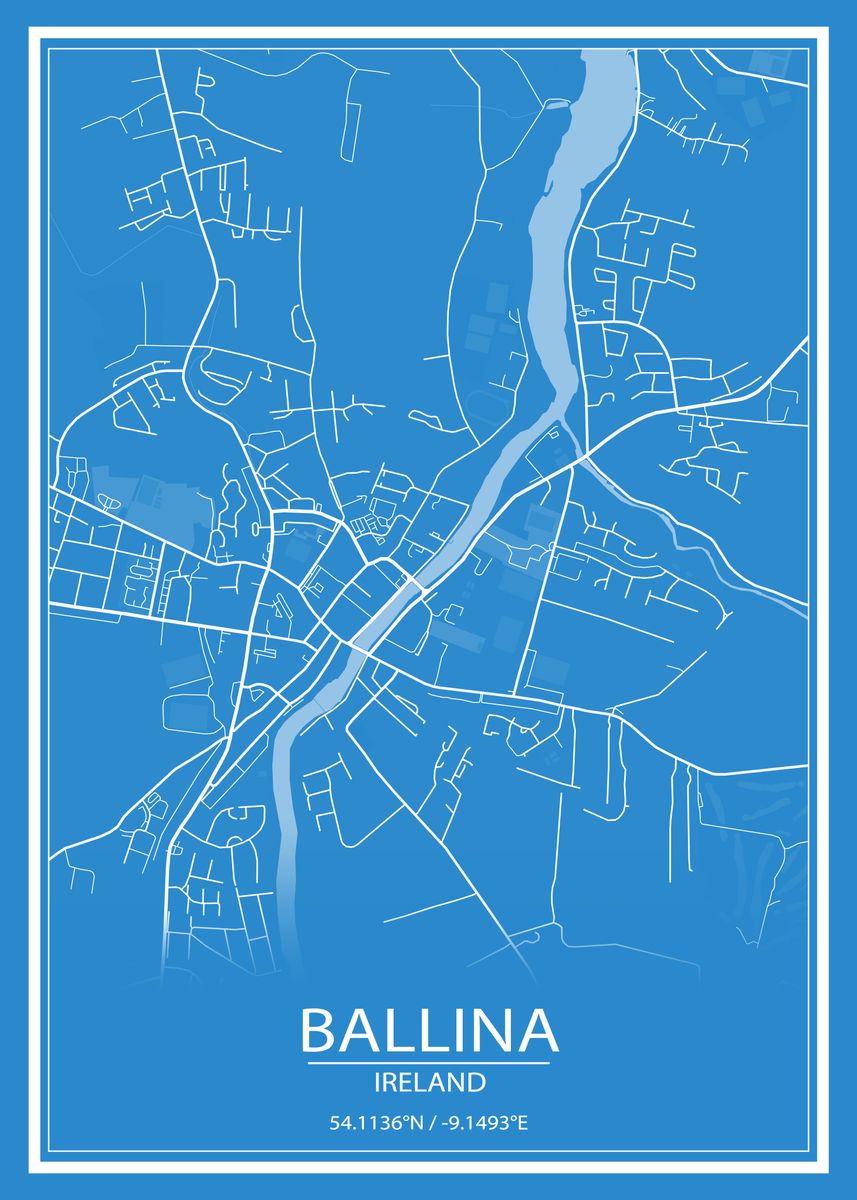 'Ballina Blue and White Map' Poster, picture, metal print, paint by ...