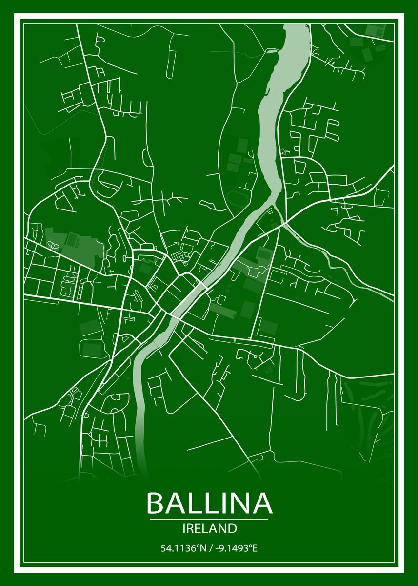 'Ballina Green White Map' Poster, picture, metal print, paint by Wall ...
