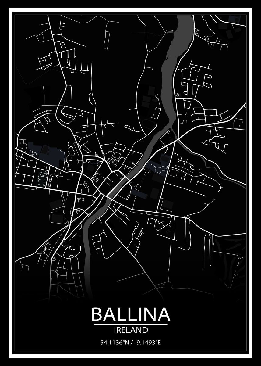 'Ballina Black Map' Poster, picture, metal print, paint by Wall Art ...
