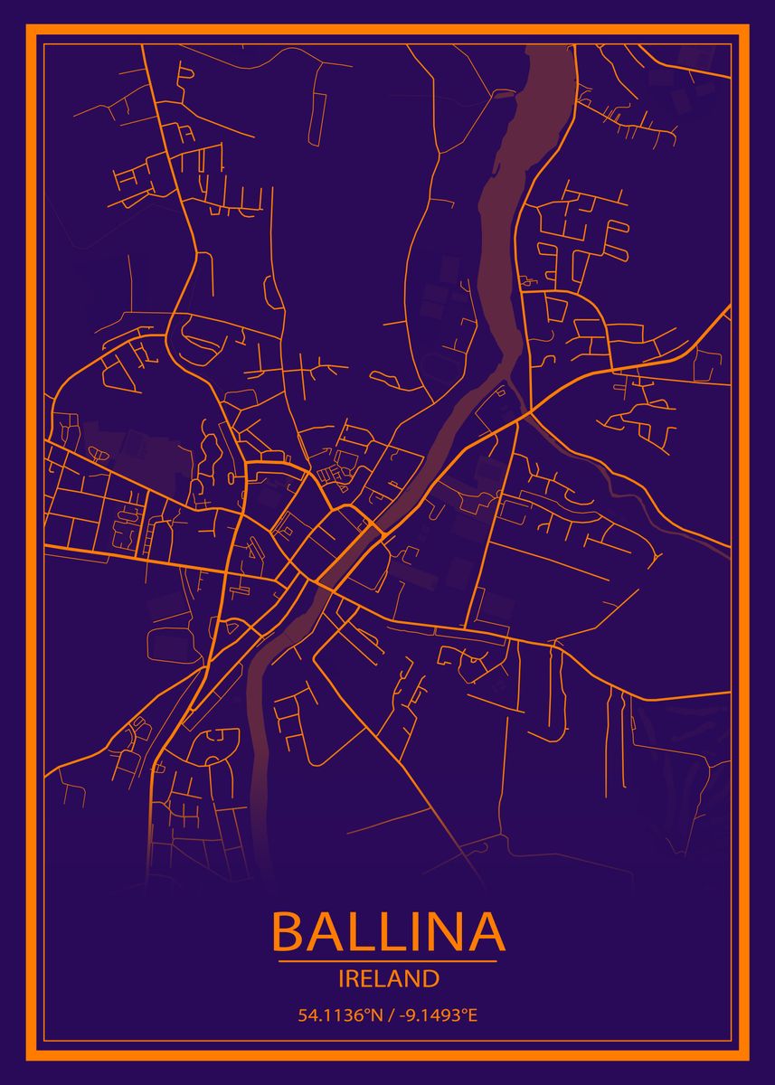 'Ballina Purple Orange Map' Poster, picture, metal print, paint by Wall ...