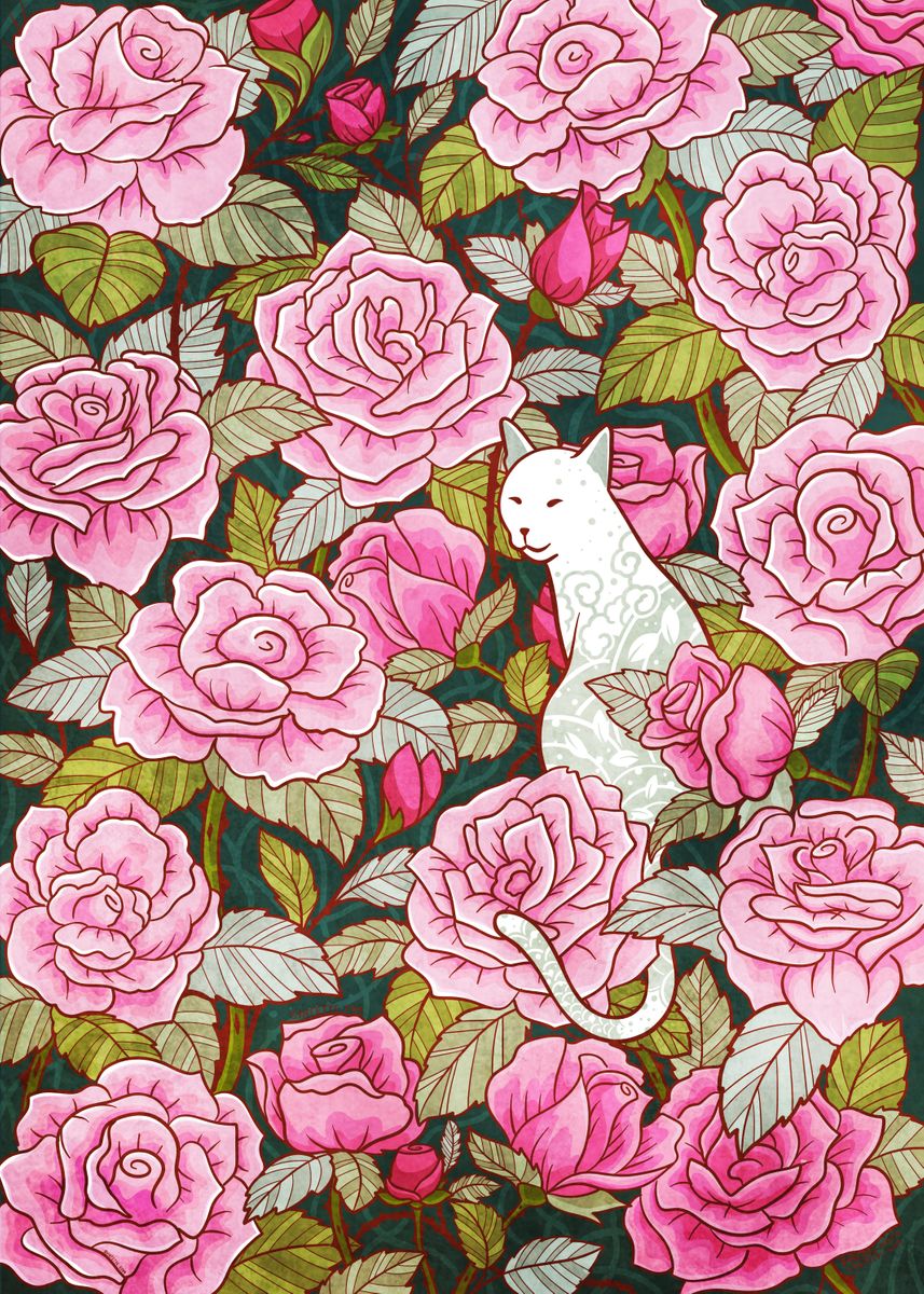 'Cat and roses' Poster, picture, metal print, paint by syntetyc | Displate