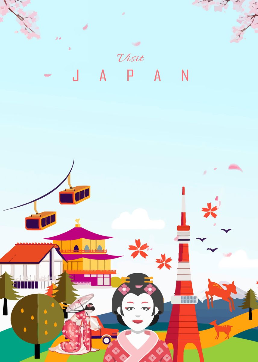 'Visit Japan' Poster, picture, metal print, paint by Nature Posters | Displate