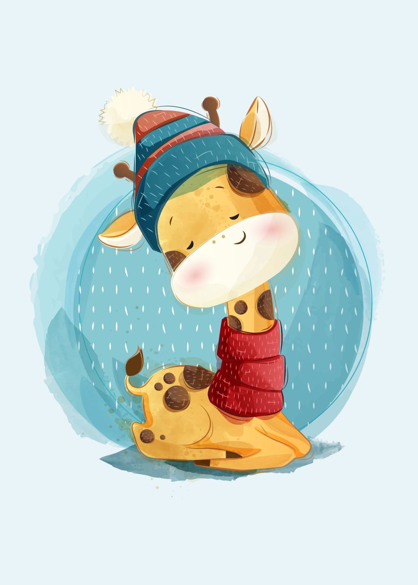 'Giraffe Wearing Red Scarf' Poster, picture, metal print, paint by ...