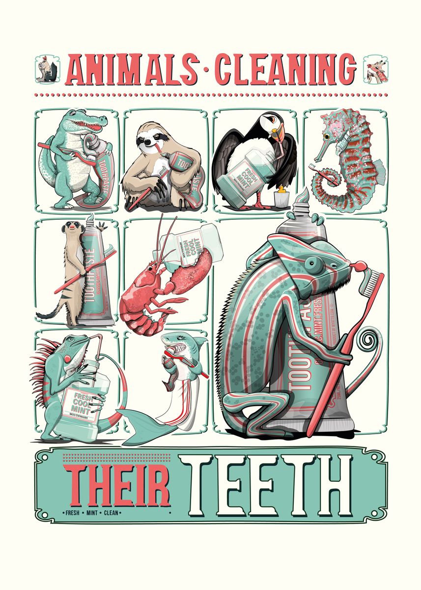 'Animals Cleaning Teeth' Poster, picture, metal print, paint by ...