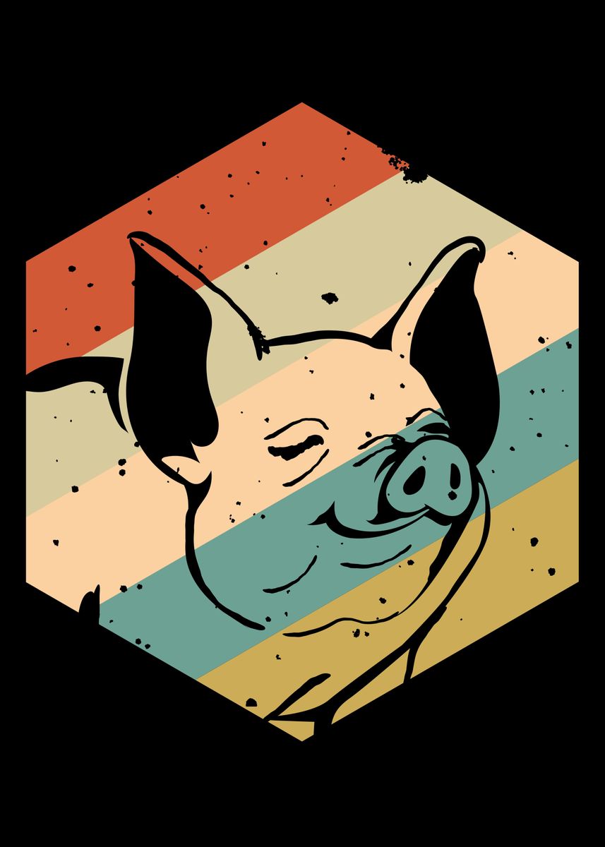 'Retro Pig' Poster, picture, metal print, paint by Hoodywoody | Displate