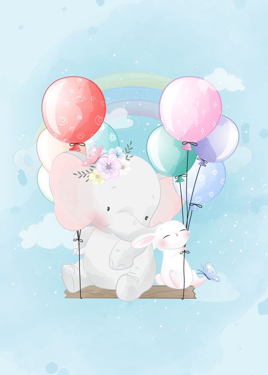 'Little Elephant And Rabbit' Poster, picture, metal print, paint by ...
