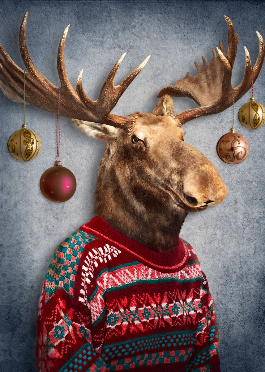 'Christmas moose in clothes' Poster, picture, metal print, paint by ...
