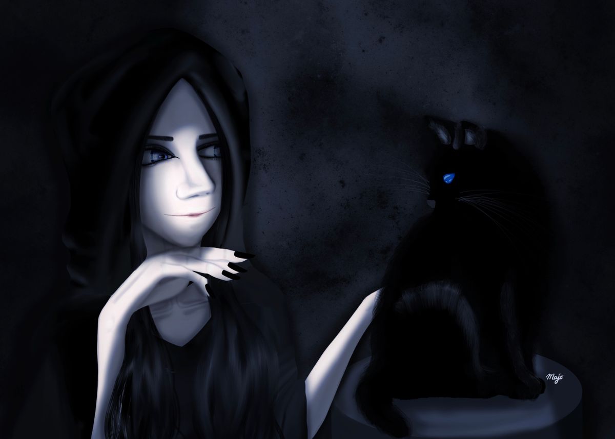 'Blue Eyed Witch and Cat' Poster by Majo Art | Displate