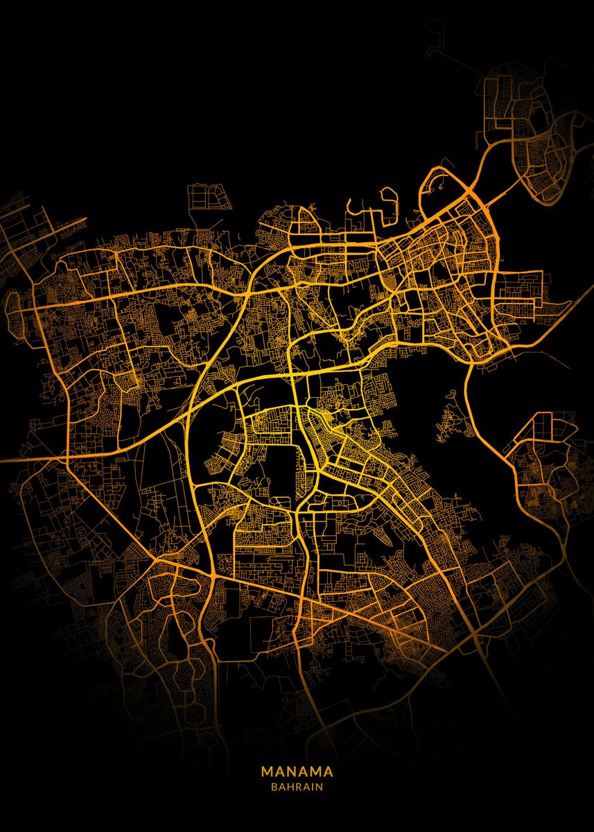 'Manama City Map Gold' Poster, picture, metal print, paint by Trulaf ...