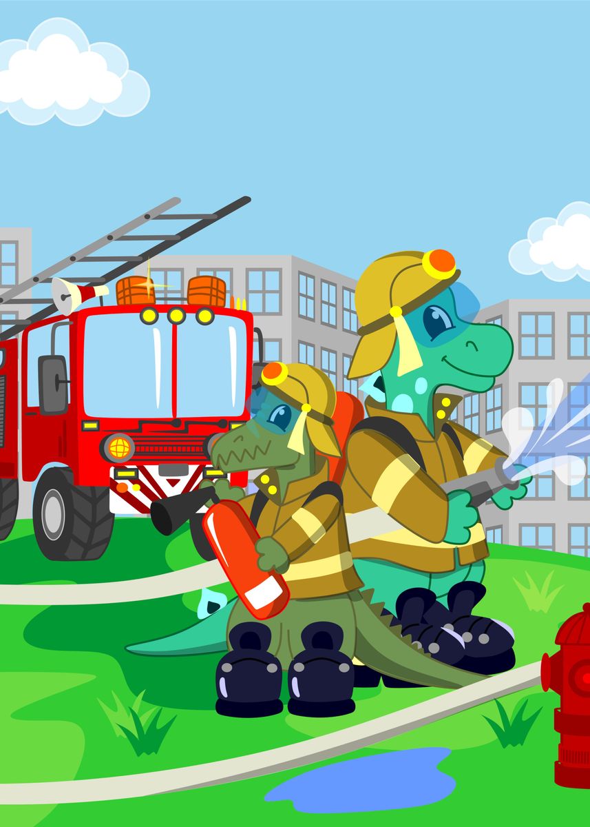 'Firefighter Truck Dinosaur' Poster, picture, metal print, paint by ...