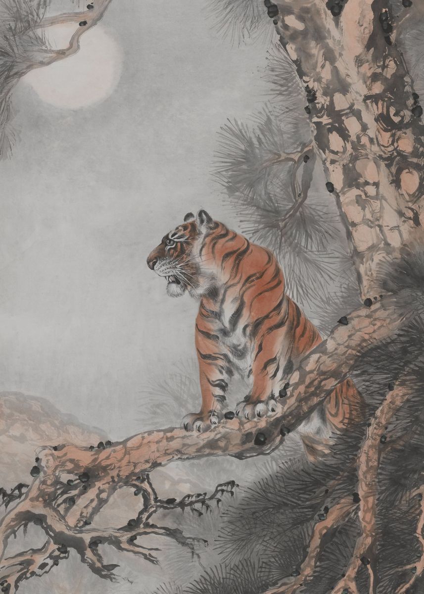 'Tiger Under The Full Moon' Poster, picture, metal print, paint by ...