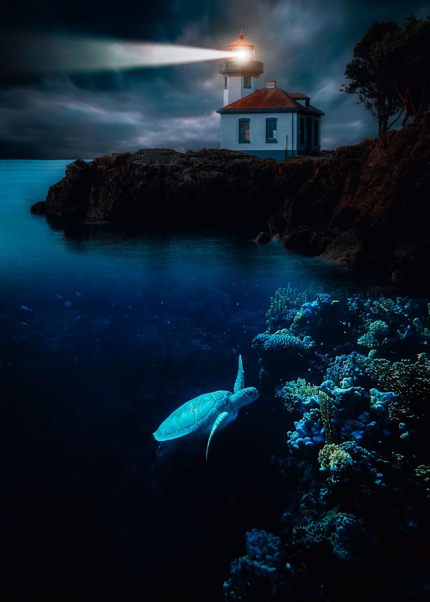 'Turtle and lighthouse' Poster, picture, metal print, paint by Gen Z ...
