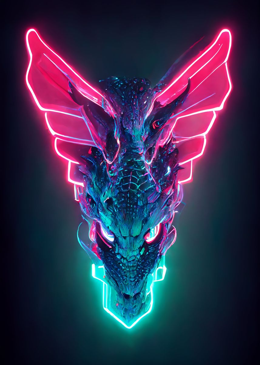 'Neon Cyber Dragon' Poster, picture, metal print, paint by ...
