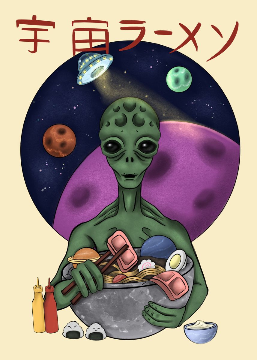 'alien eating ramen' Poster, picture, metal print, paint by Yacoub Al ...