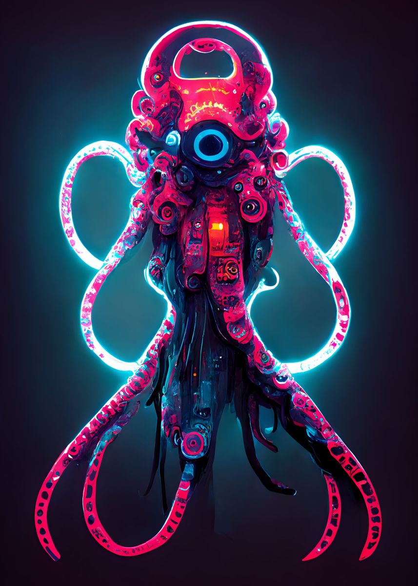'Cyber Neon Octopus' Poster, picture, metal print, paint by ...