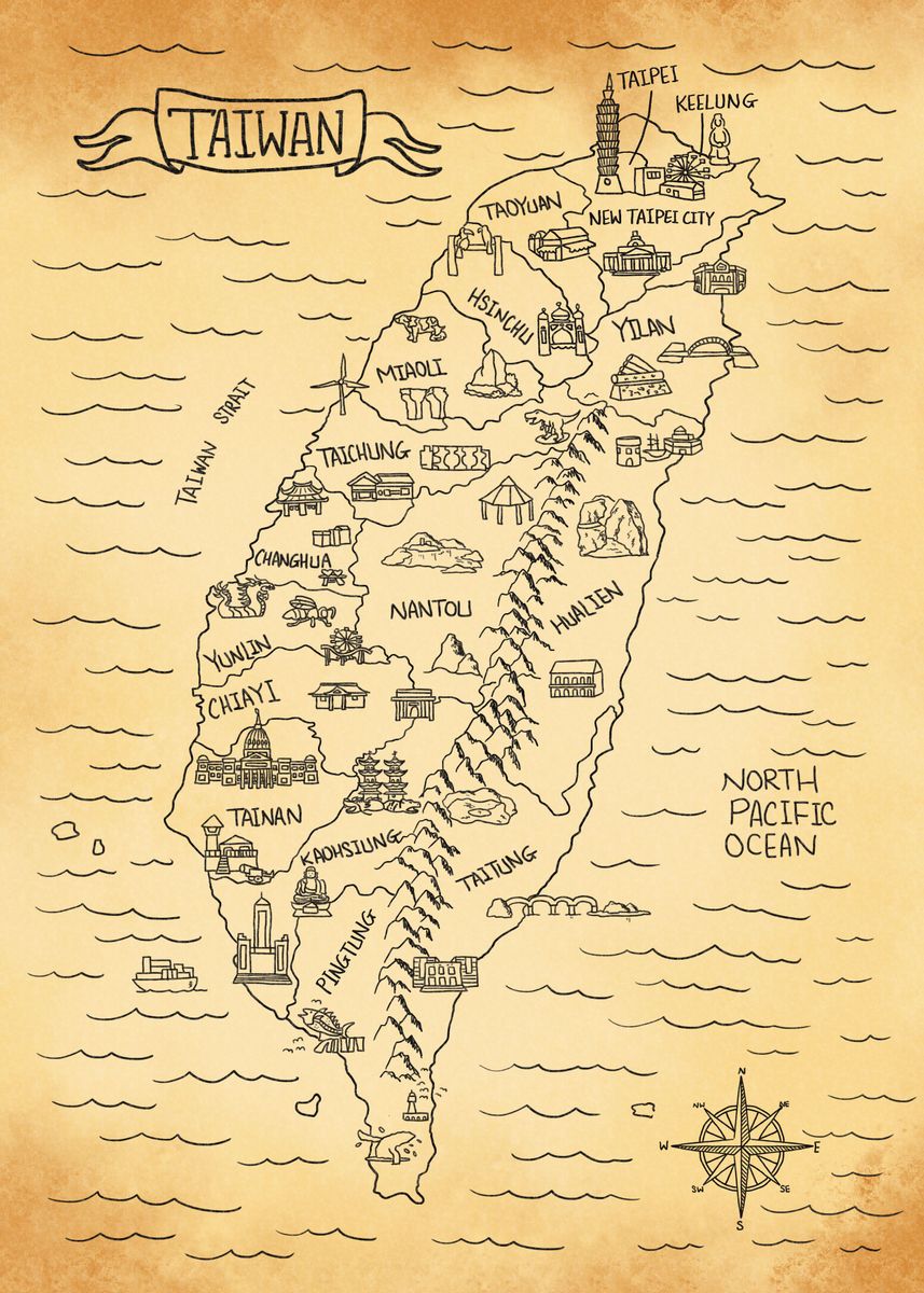 'Vintage Map of Taiwan' Poster, picture, metal print, paint by Sheridan ...