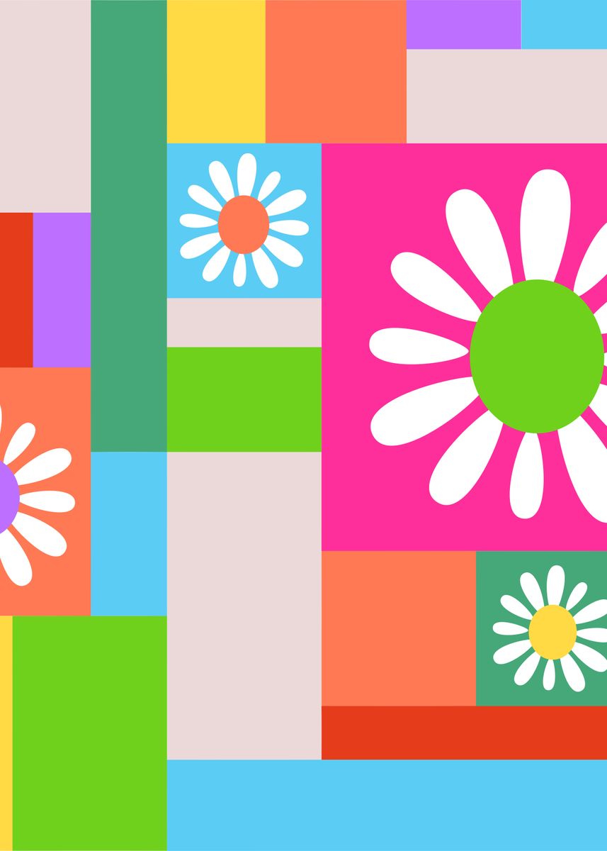 'Geometric Floral Checkers' Poster, picture, metal print, paint by ...