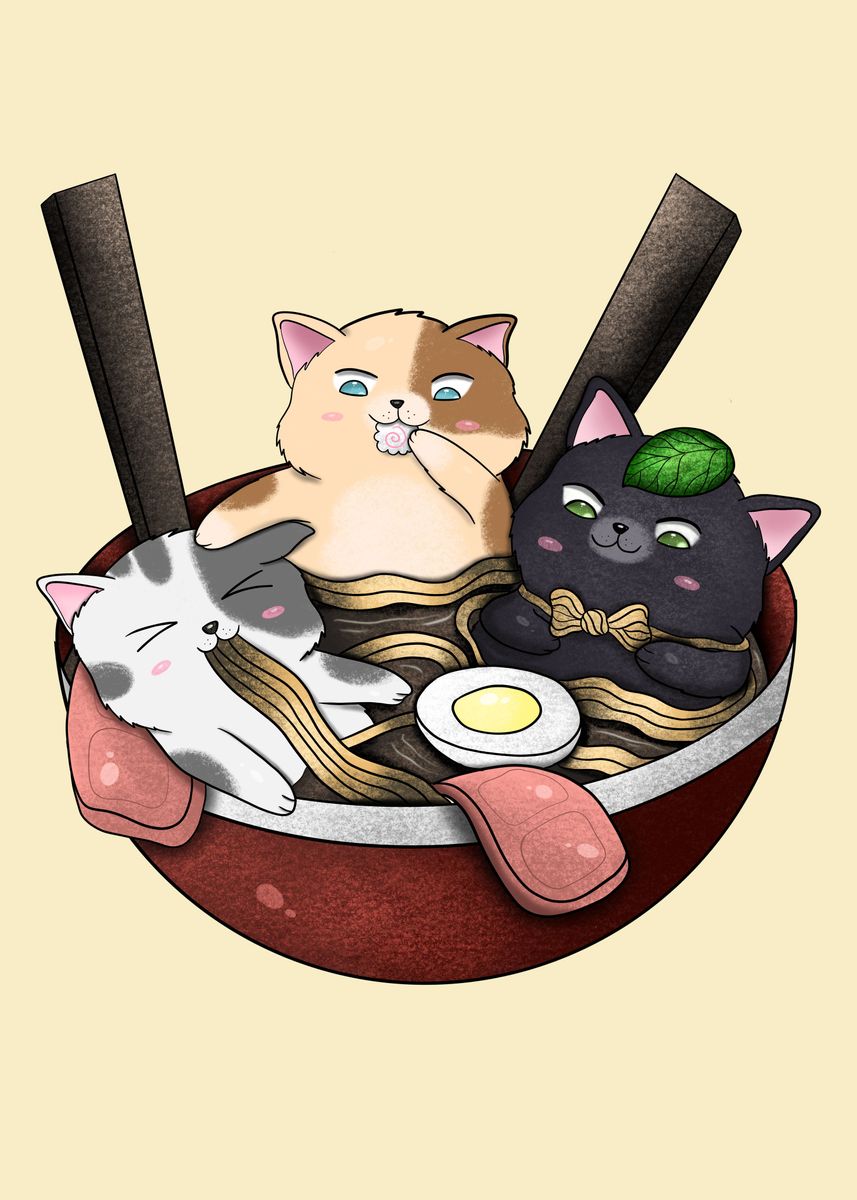 'cats eating ramen' Poster by Yacoub Al | Displate