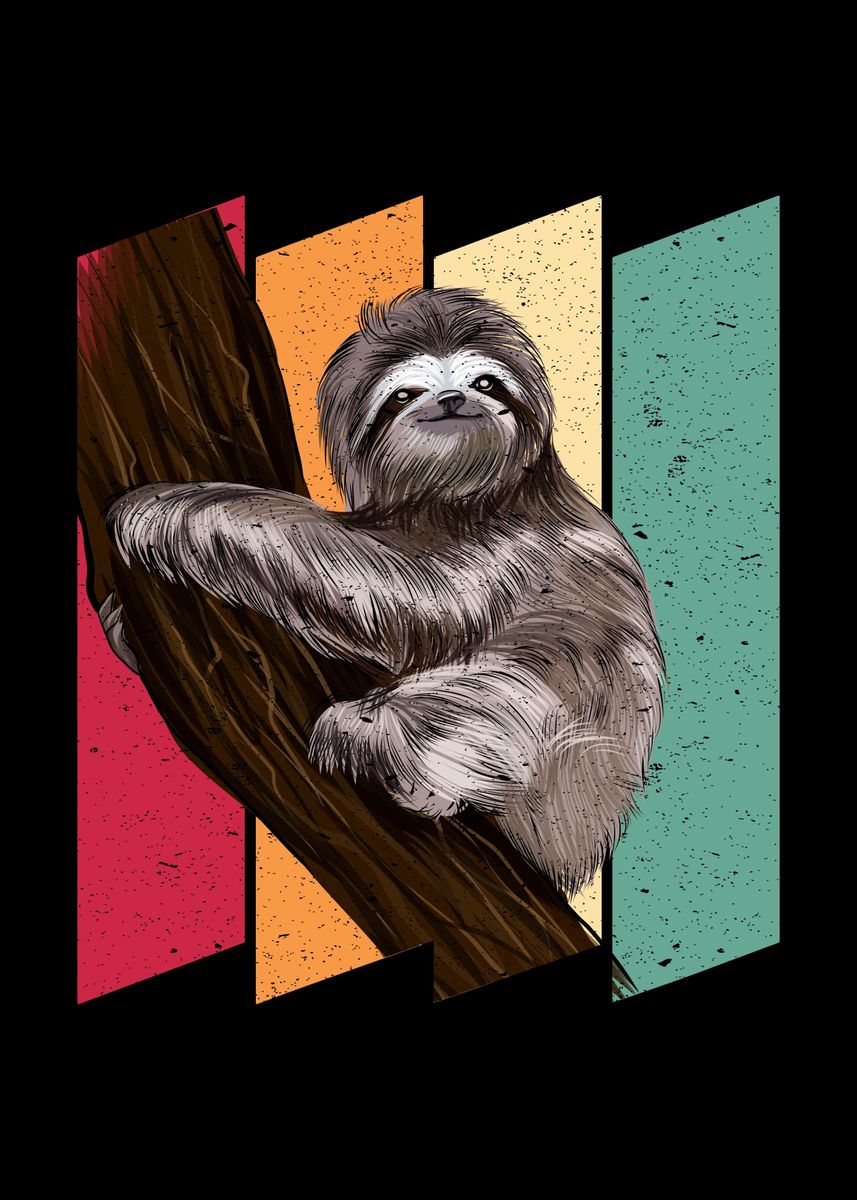 'Retro Vintage Sloth' Poster, picture, metal print, paint by ninarts ...
