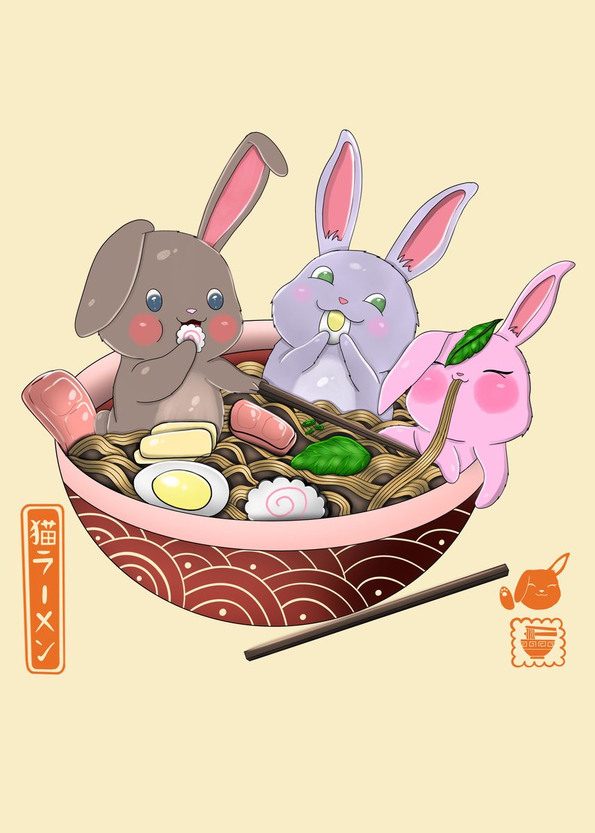'ramen rabbits' Poster, picture, metal print, paint by Yacoub Al | Displate