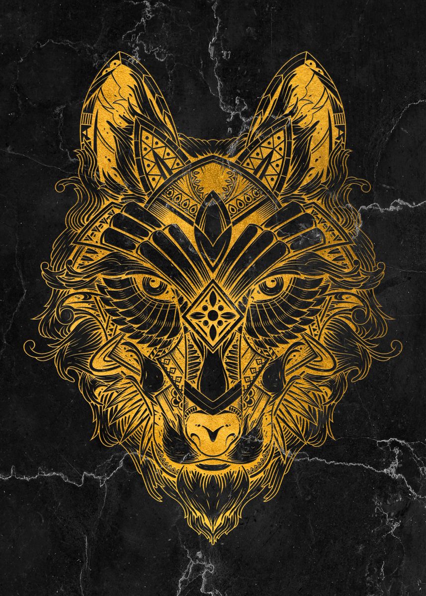 'Golden Wolf Black Marble' Poster by Grand Art Bazaar | Displate