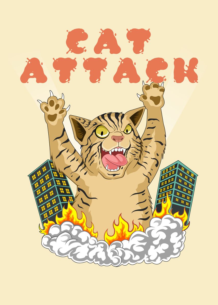 'cat attack' Poster, picture, metal print, paint by Yacoub Al | Displate