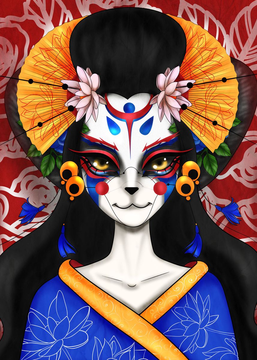 'A geisha in a fox mask' Poster, picture, metal print, paint by Yarina ...