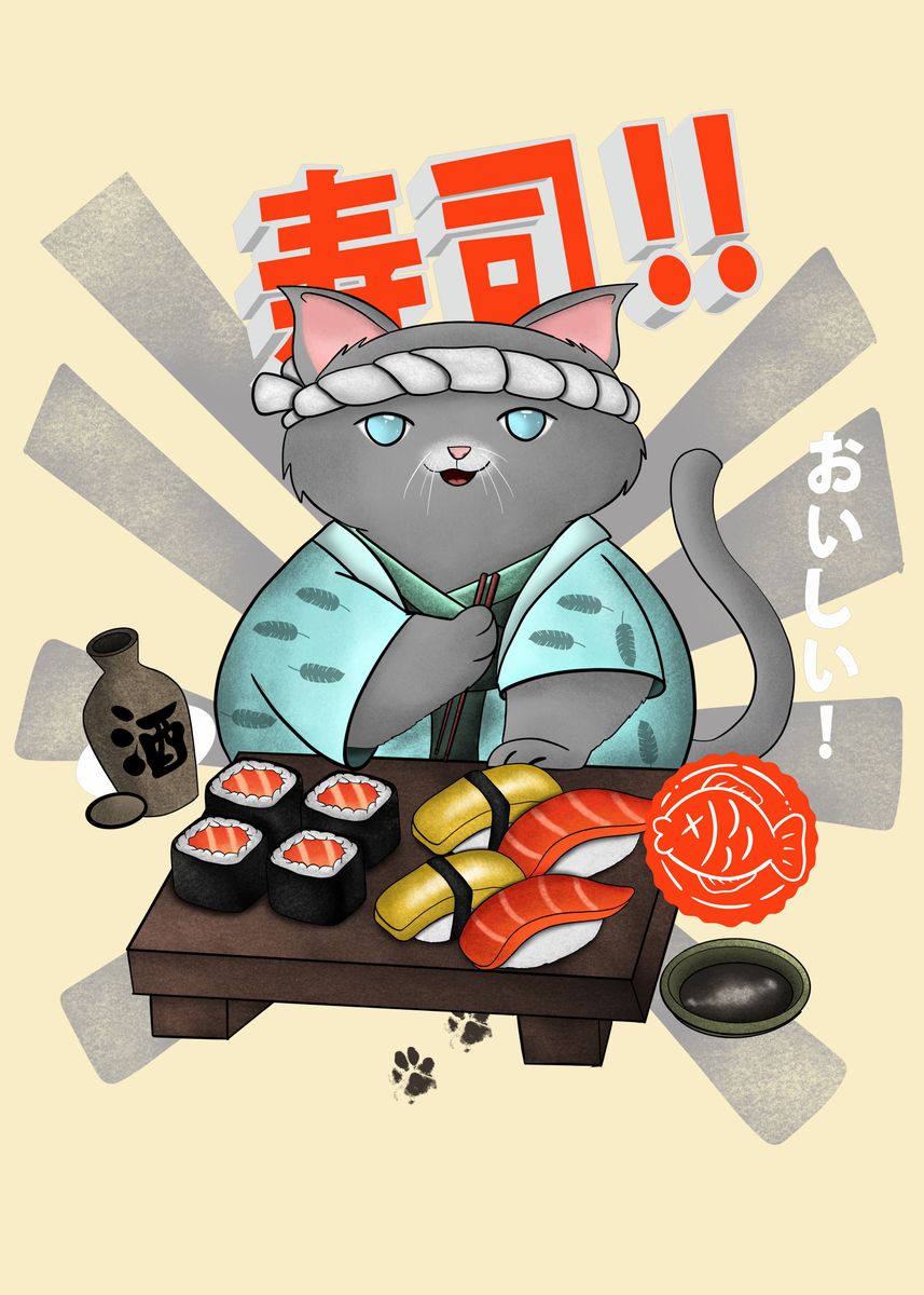 'cat eating sushi' Poster, picture, metal print, paint by Yacoub Al ...
