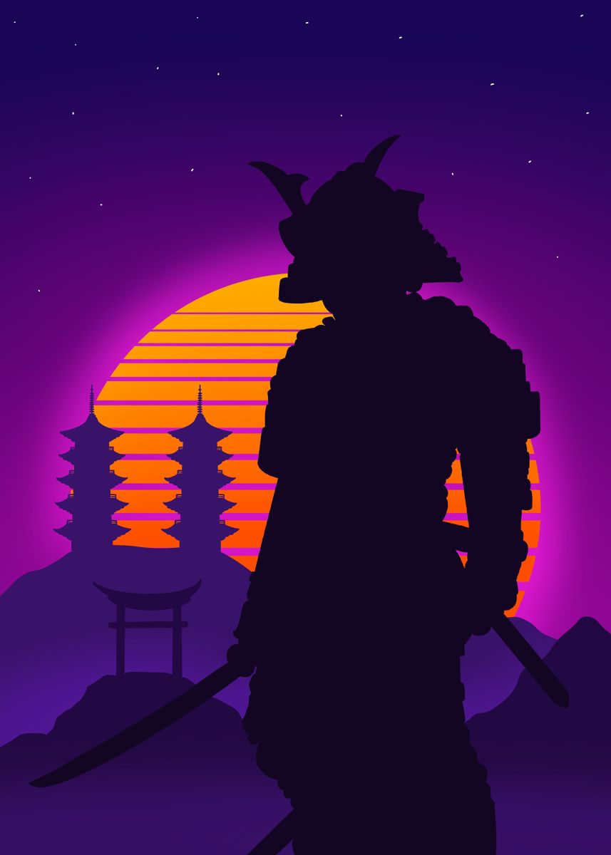 'Samurai Retro Neon Light' Poster, picture, metal print, paint by ...