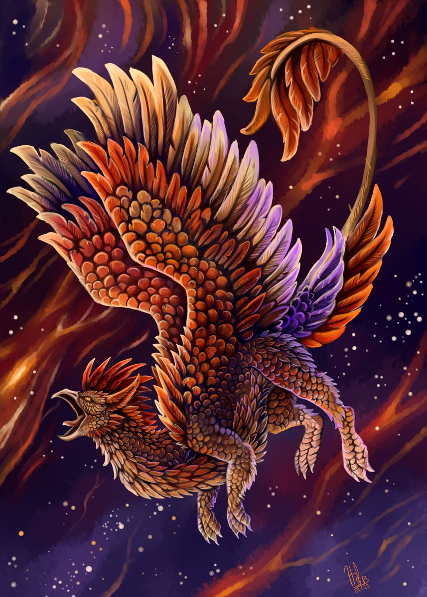 'Fire space nebula griffin' Poster, picture, metal print, paint by Hana ...