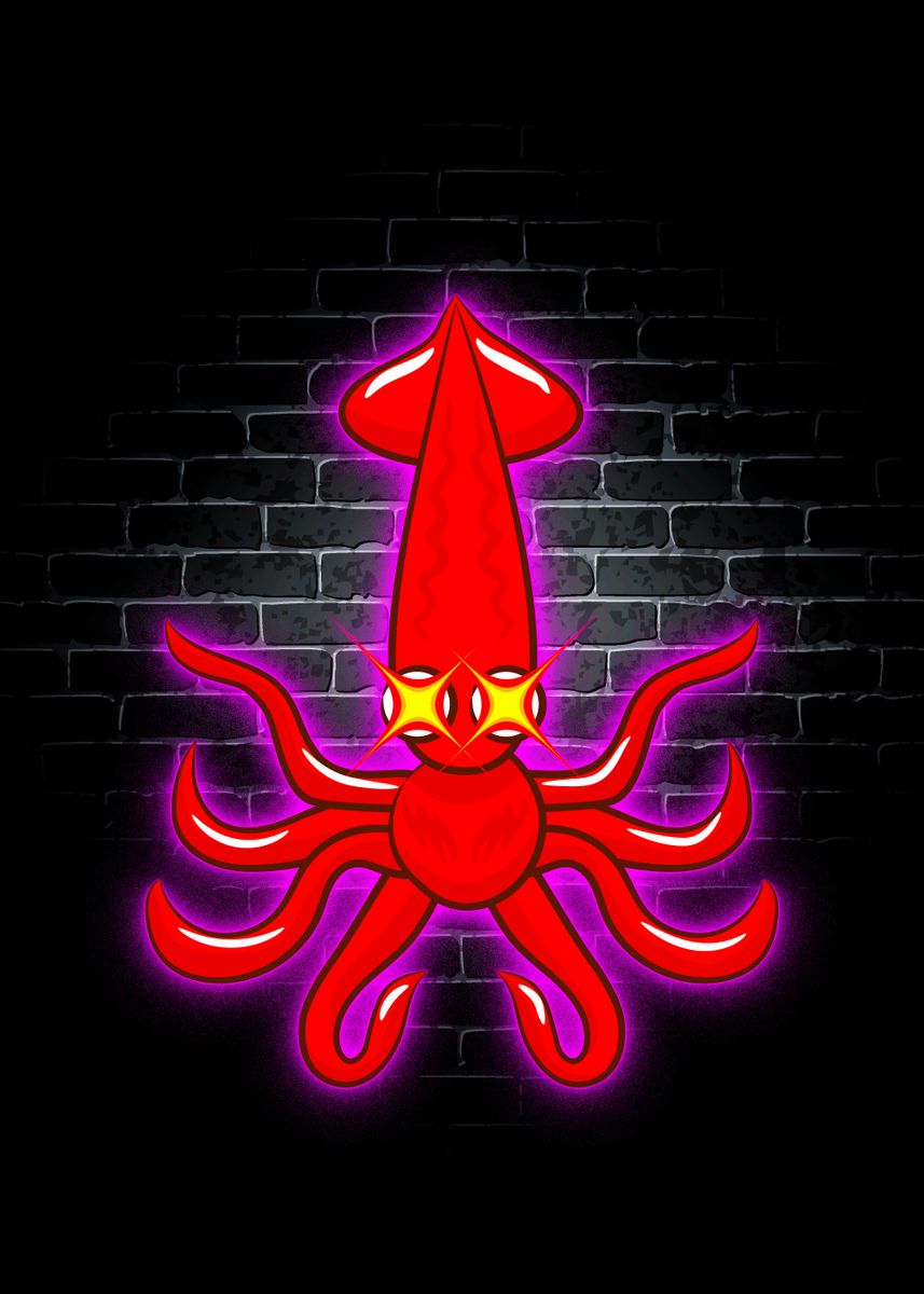 'Squid Animal Neon Cute' Poster, picture, metal print, paint by Ana ...