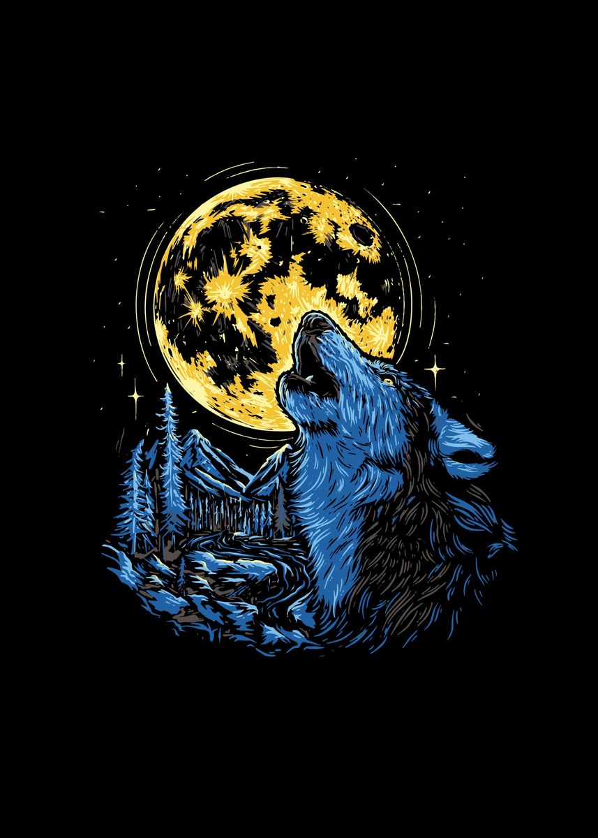'Wolf Moon Forest Wolves' Poster, picture, metal print, paint by KaSeRa ...