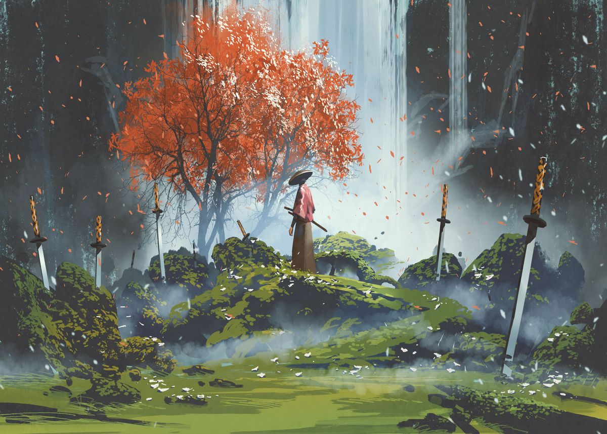 'Samurai in waterfall' Poster by Nabila Art | Displate