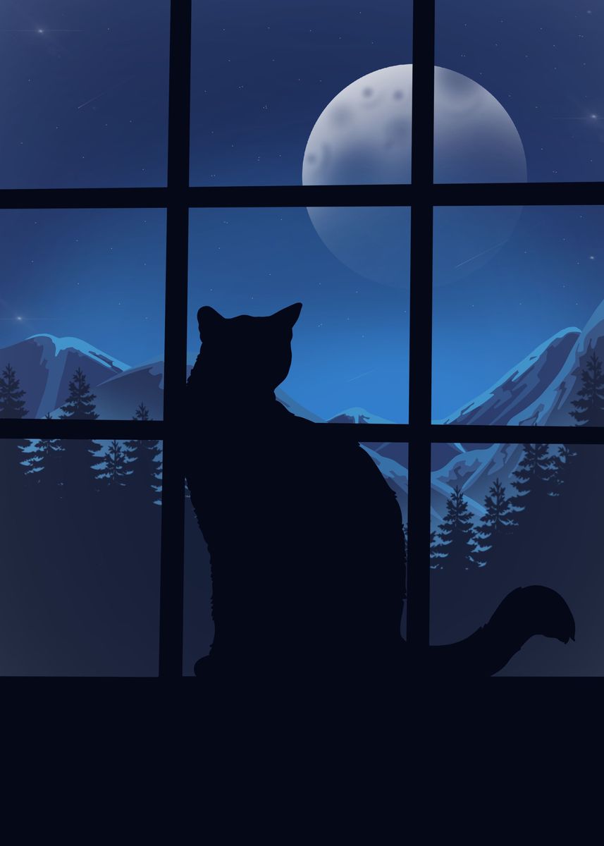 'Cat Enjoying The Night' Poster, picture, metal print, paint by Adriel ...