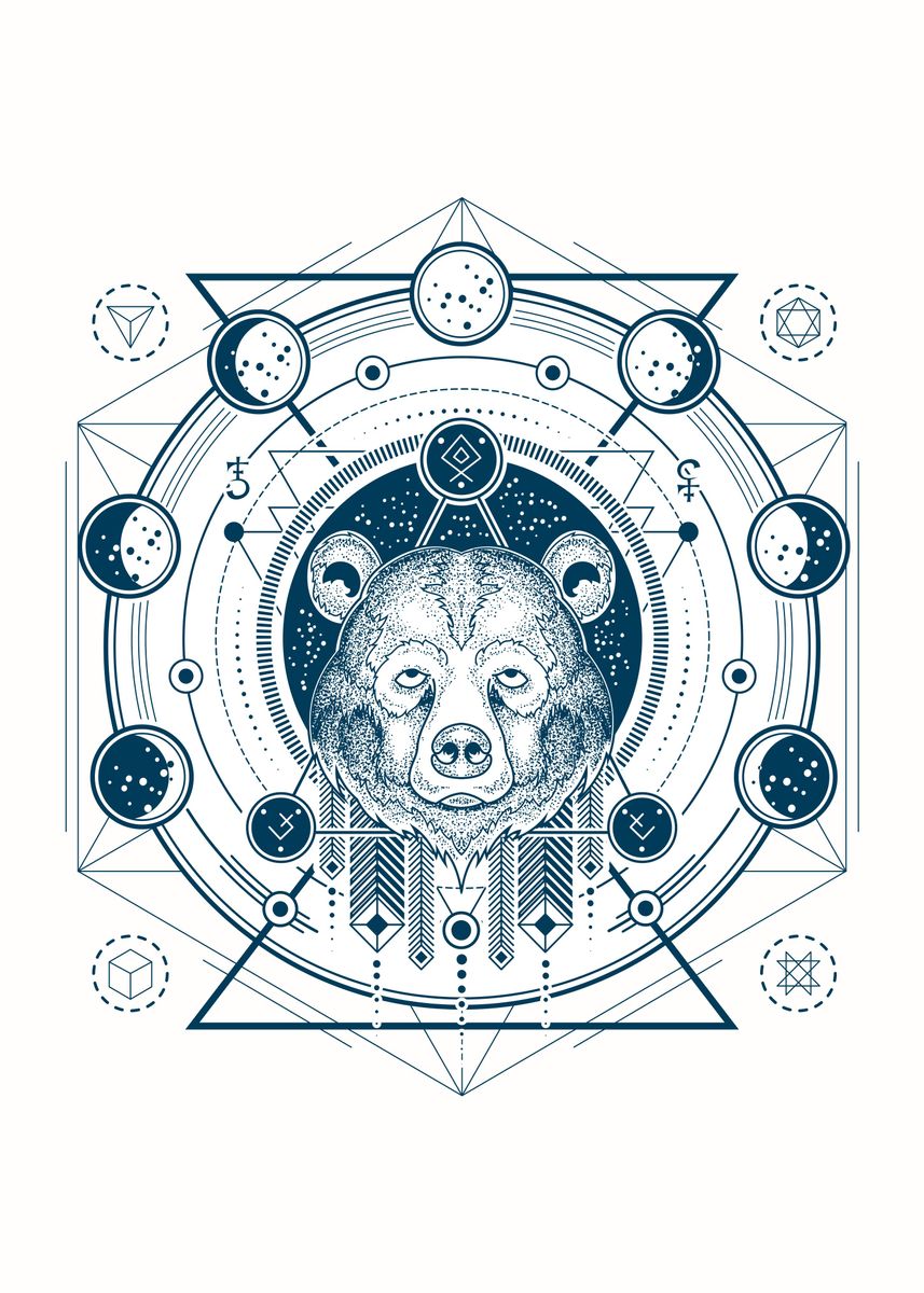 'bear head and moon' Poster, picture, metal print, paint by ...